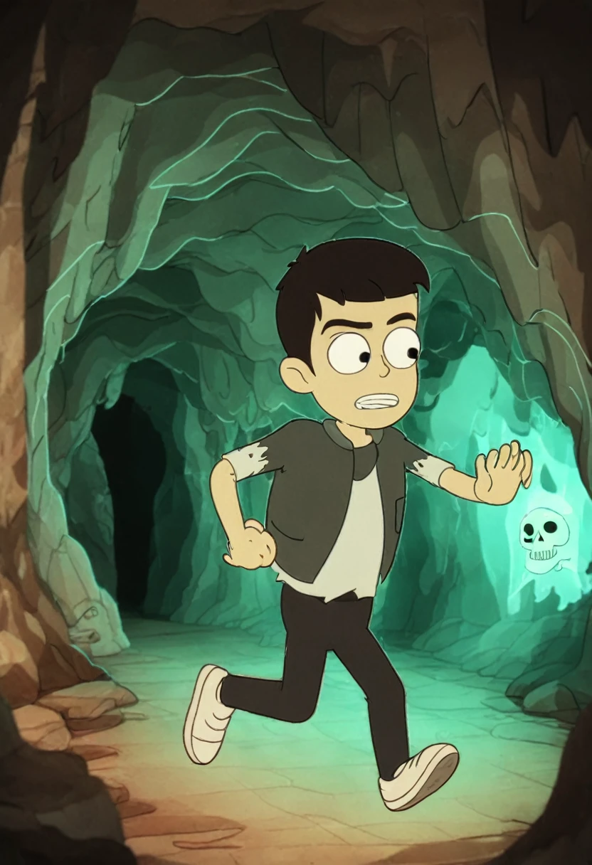 A boy with a skull head, running away from ghosts, inside a cave ...