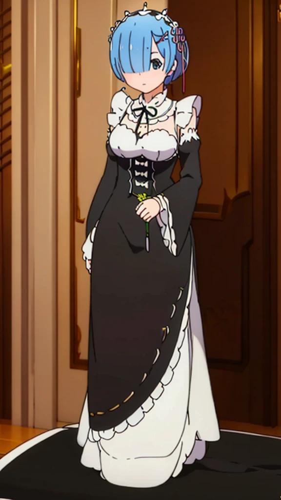 Detailed full HD 4K Rem sat on a couch in a beautiful, long dress - SeaArt AI