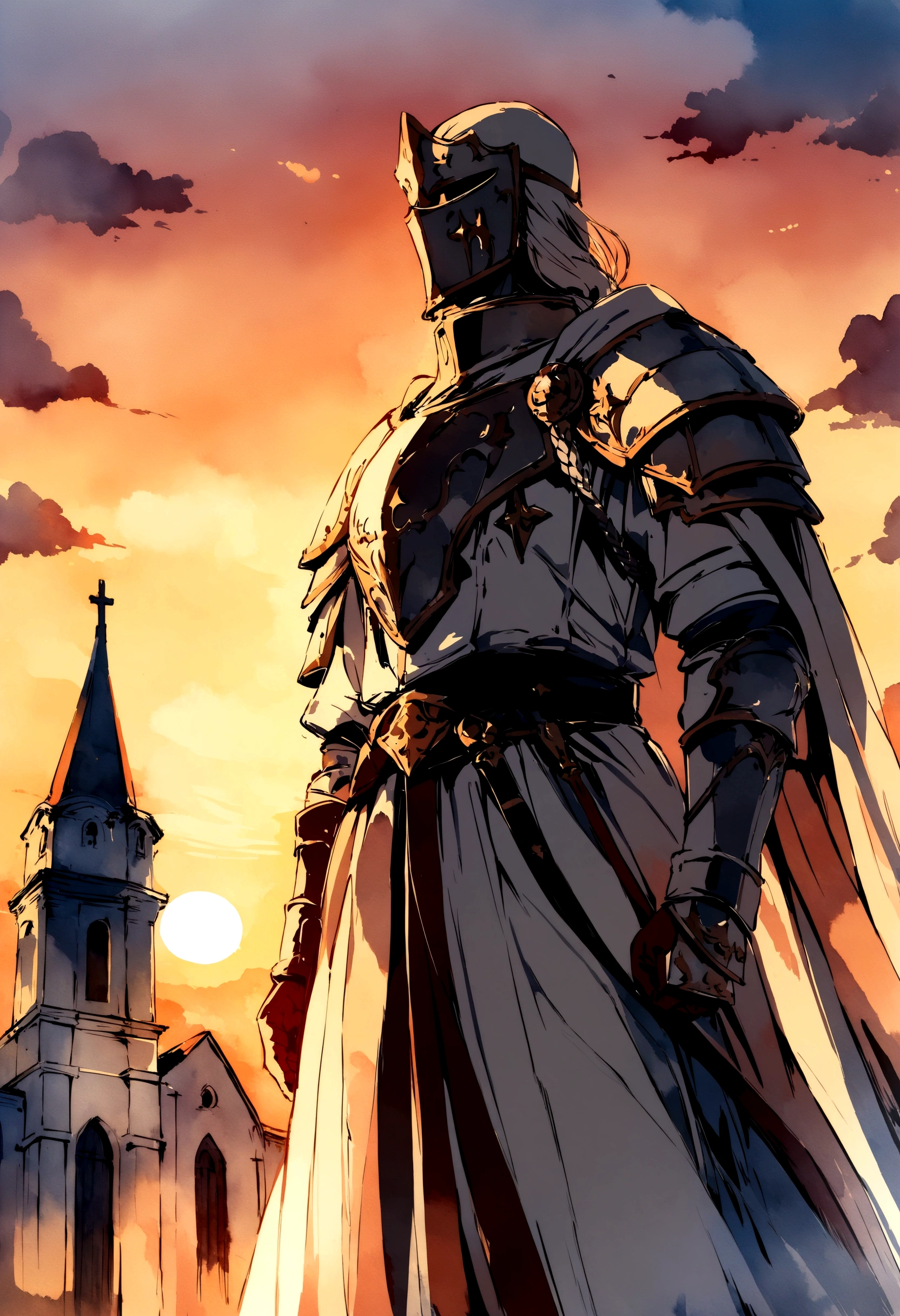 Arafed knight standing in front of a church with a sunset in the ...