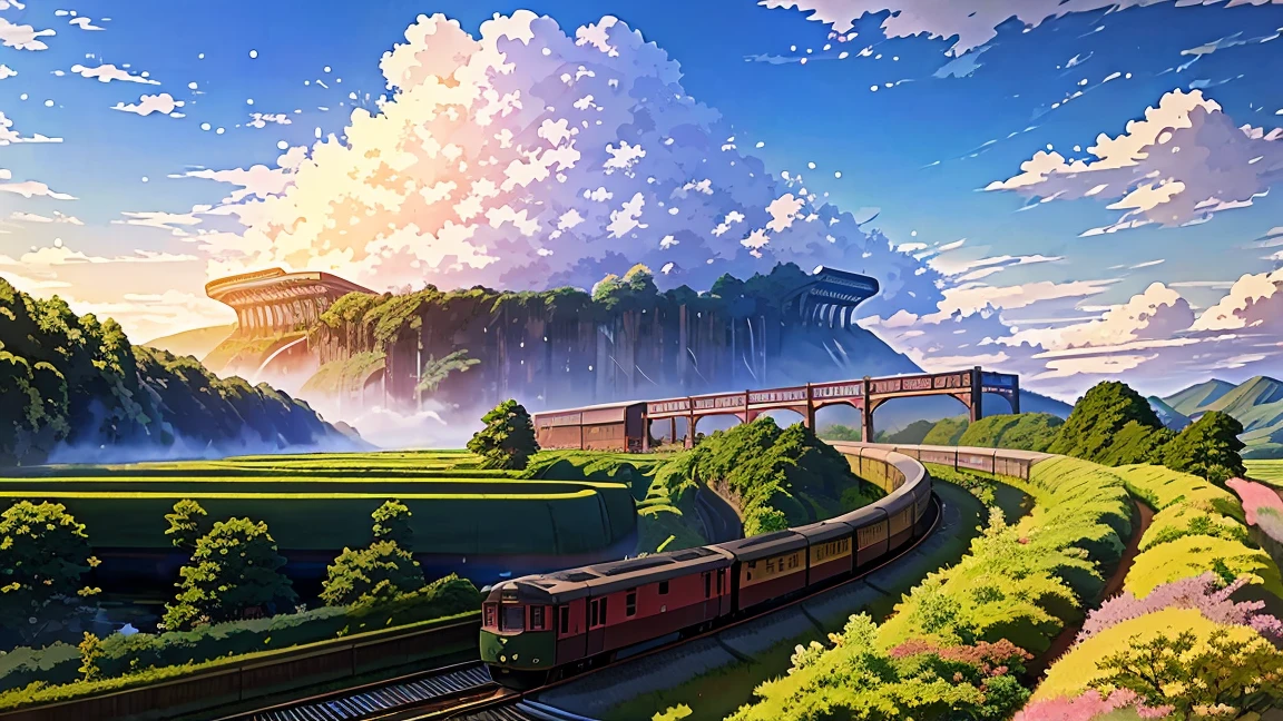 A train is running along the tracks in a field, Japanese cartoons ...