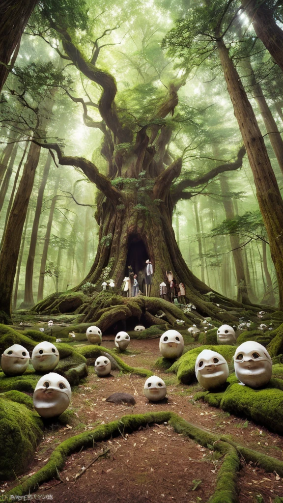 A large ancient tree in a mystical forest with multiple kodama - SeaArt AI