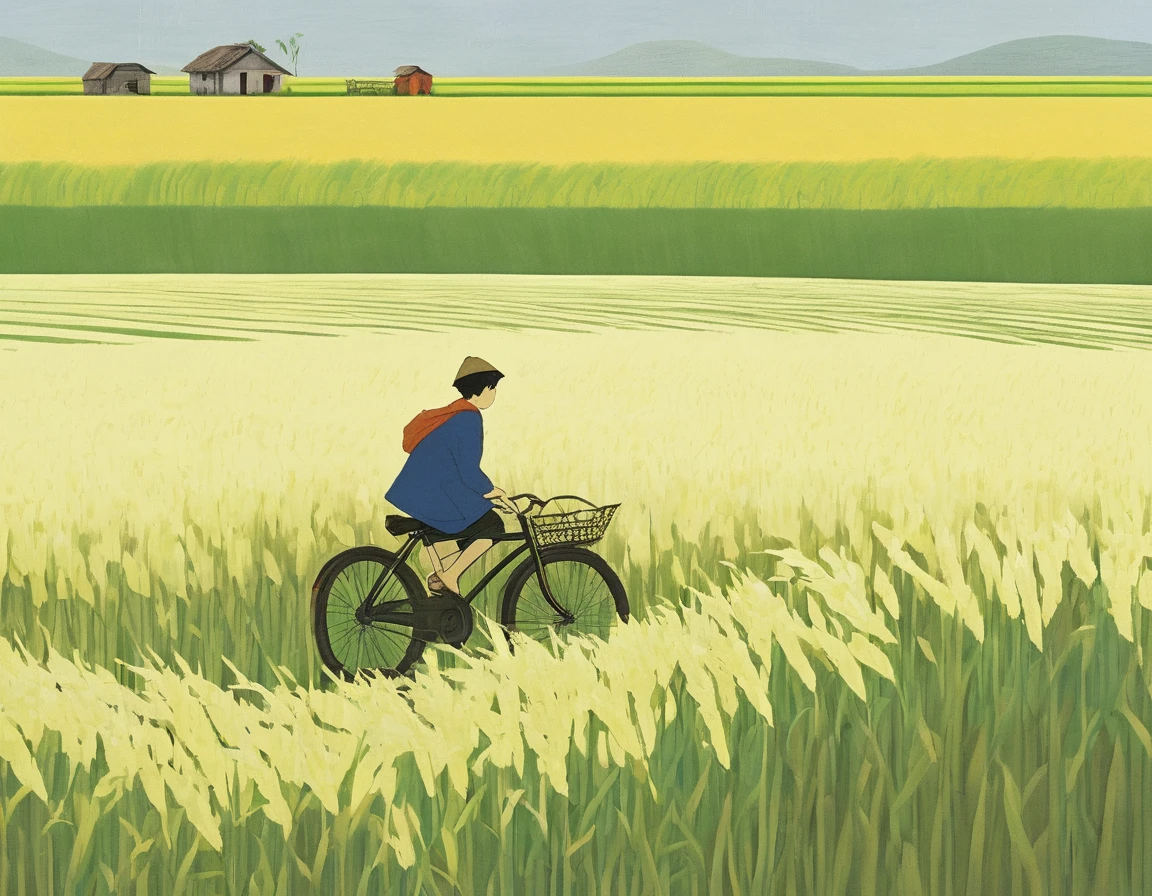 A beautiful illustration, Endless rice fields, half yellow half green ...