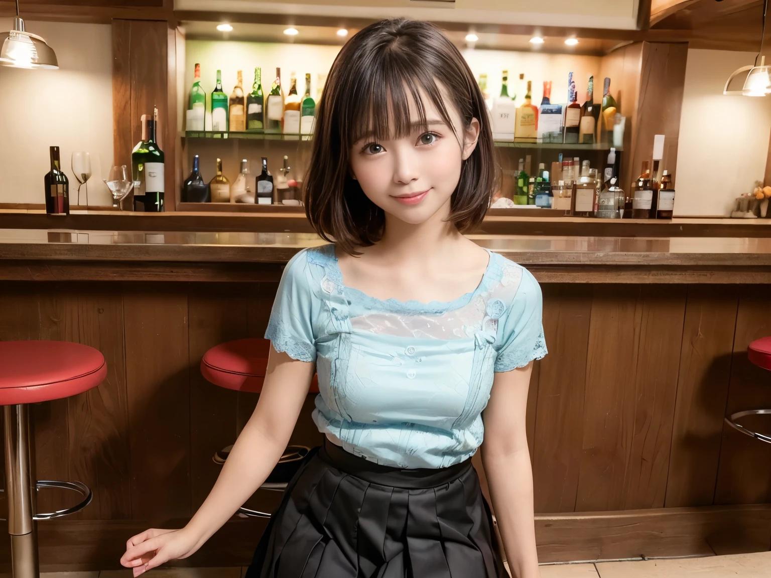 There is a woman sitting at a bar with a plate of food - SeaArt AI