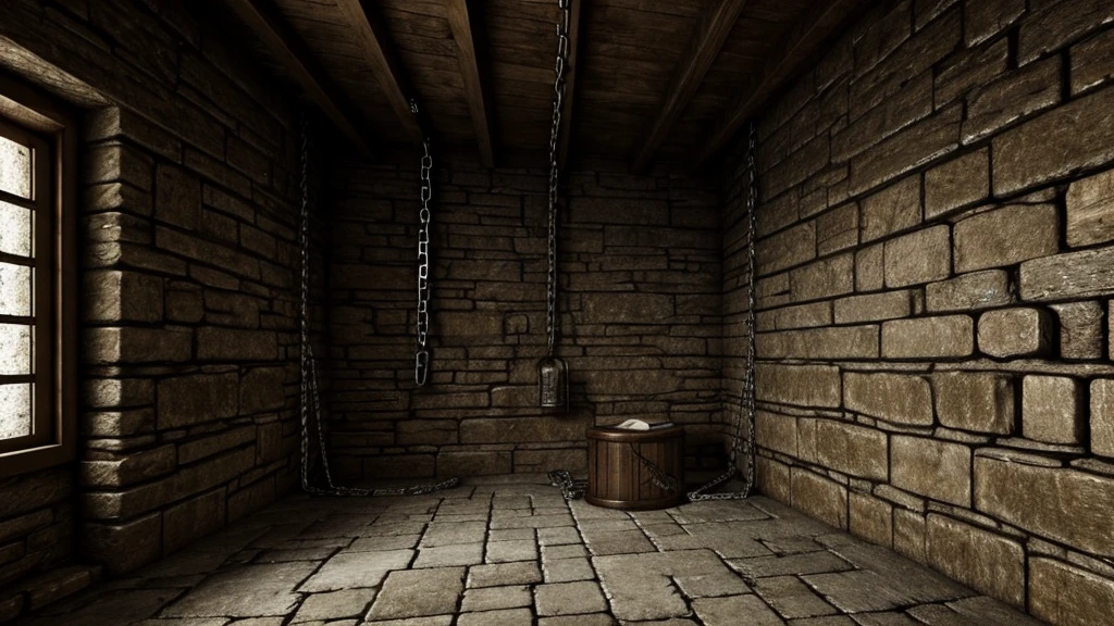 A medieval cell, a chained man passed out, cold cell with chains and ...