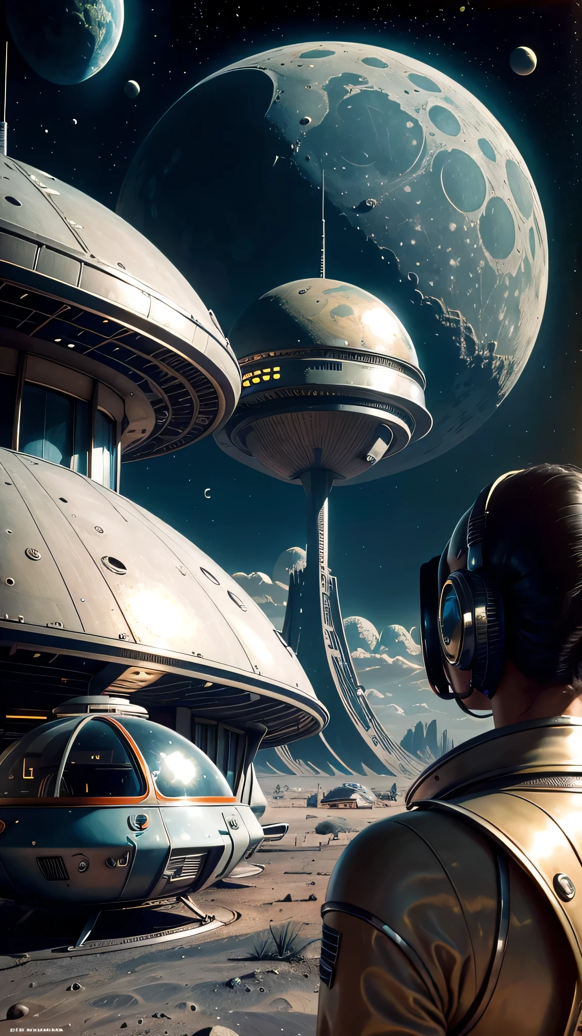 A close up of a man in a helmet looking at a spaceship - SeaArt AI