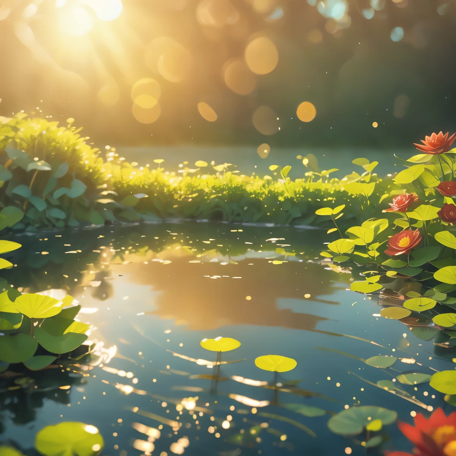 A close up of a pond with water lilies and a sun shining - SeaArt AI