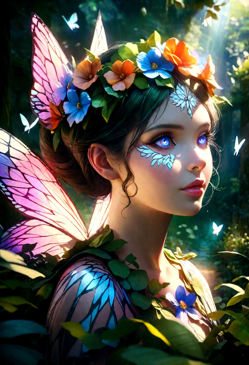 A beautiful fairy in a magical forest, detailed face, detailed eyes and ...