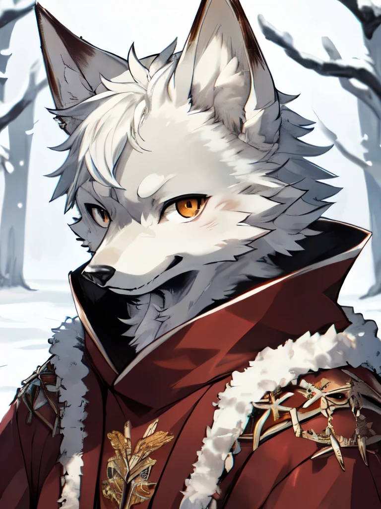 Anime wolf in a red coat with a white collar and yellow eyes - SeaArt AI