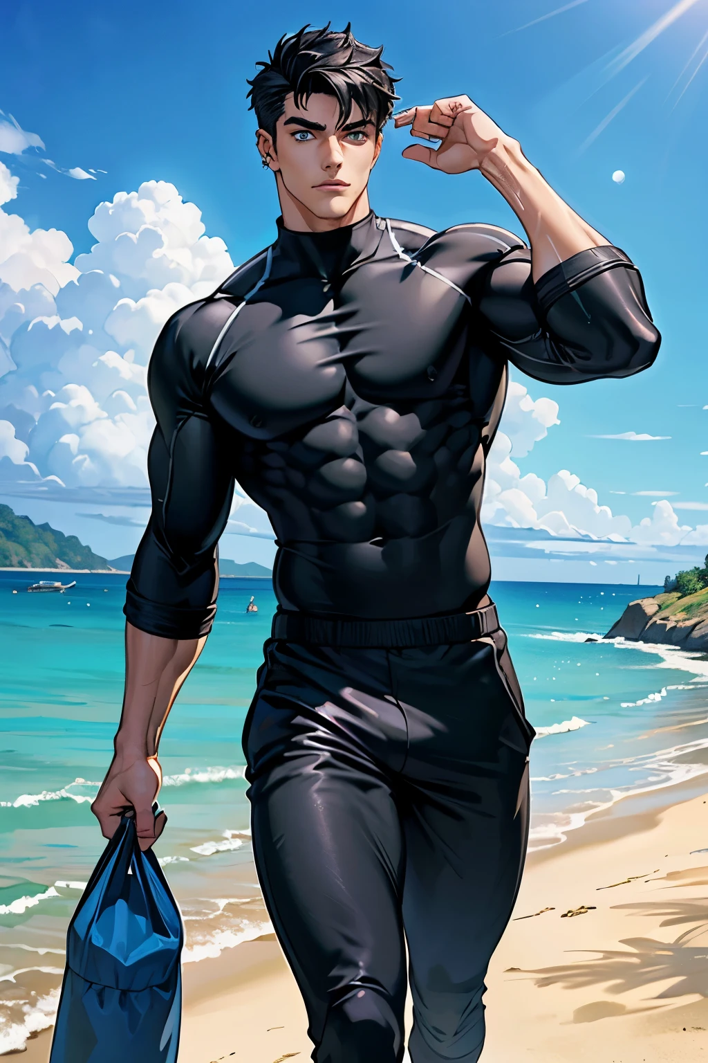 Arafed male in a wetsuit walking on a beach with a blue bag - SeaArt AI