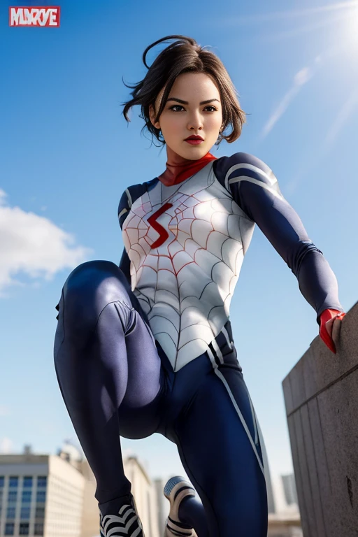 1 girl, superhero costume, falling from sky, One leg is bent at the ...