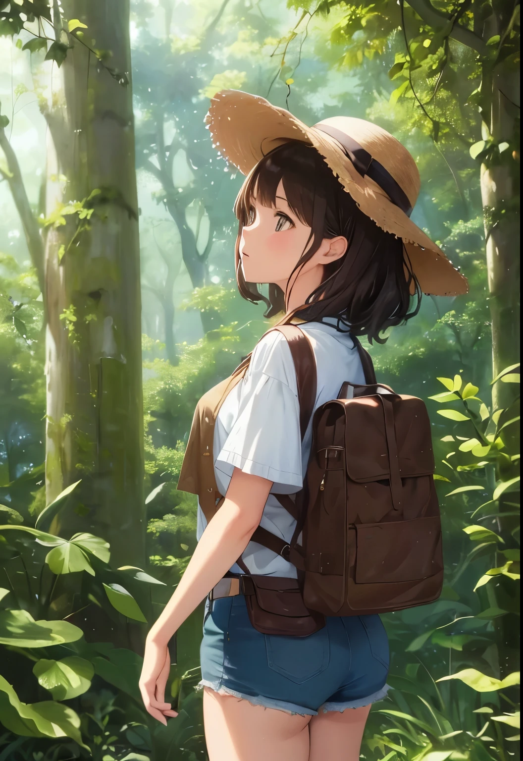 Anime girl in a hat and shorts walking through a forest - SeaArt AI