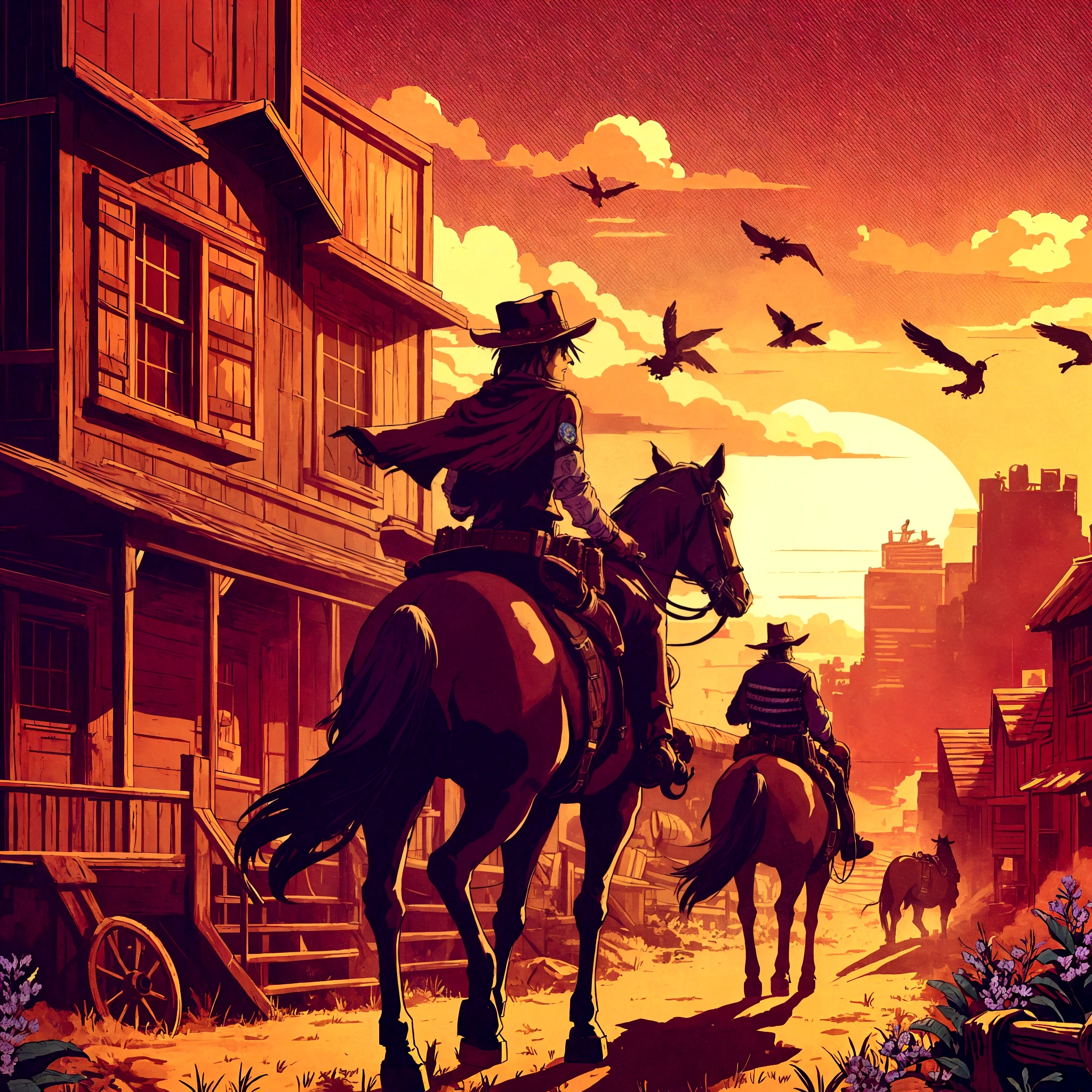 Cowboys riding horses in a town at sunset with birds flying overhead ...