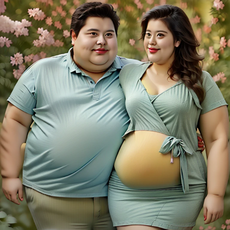 A friendly obese man and woman couple, belly and chest touching - SeaArt AI