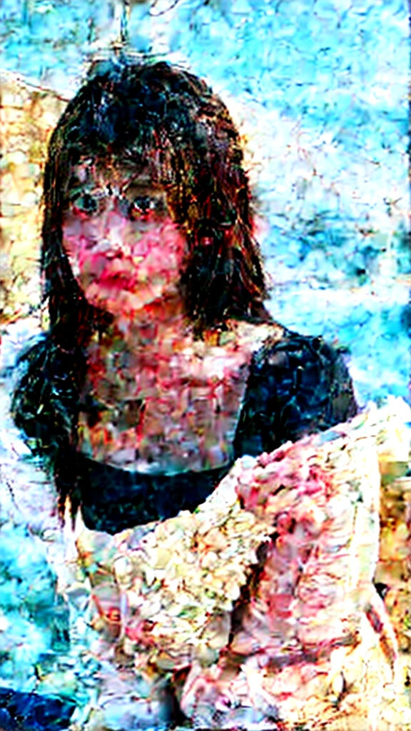 A girl with a slightly sad expression looking at the sea in a realistic ...