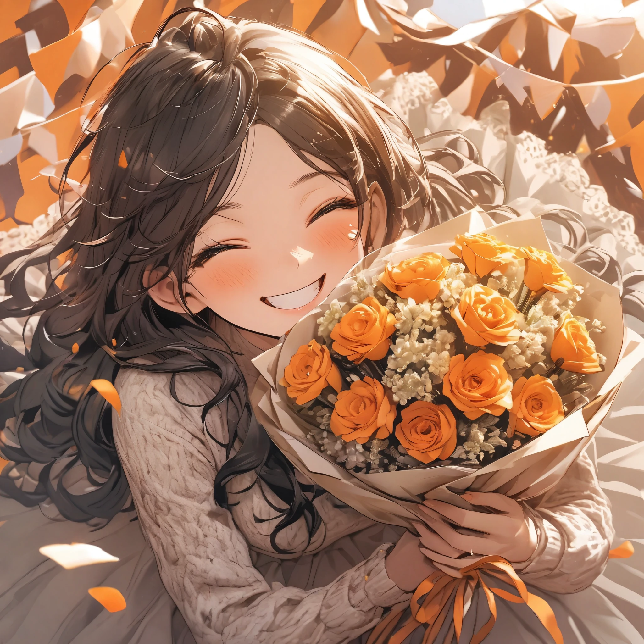 Anime girl with flowers in her hand laying on the ground - SeaArt AI