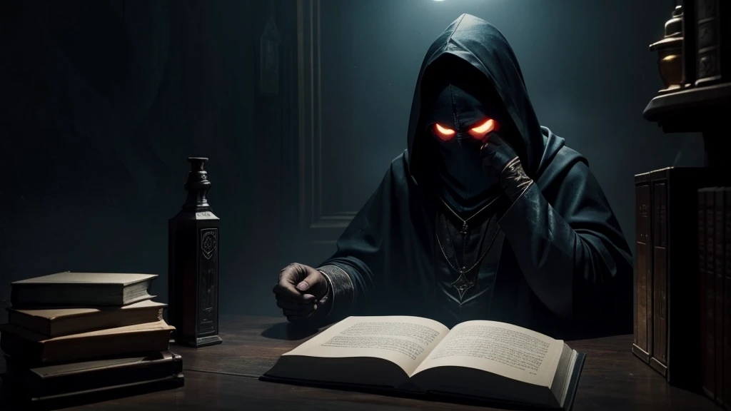 A wizard with his face covered by the shadow of his hood experimenting ...