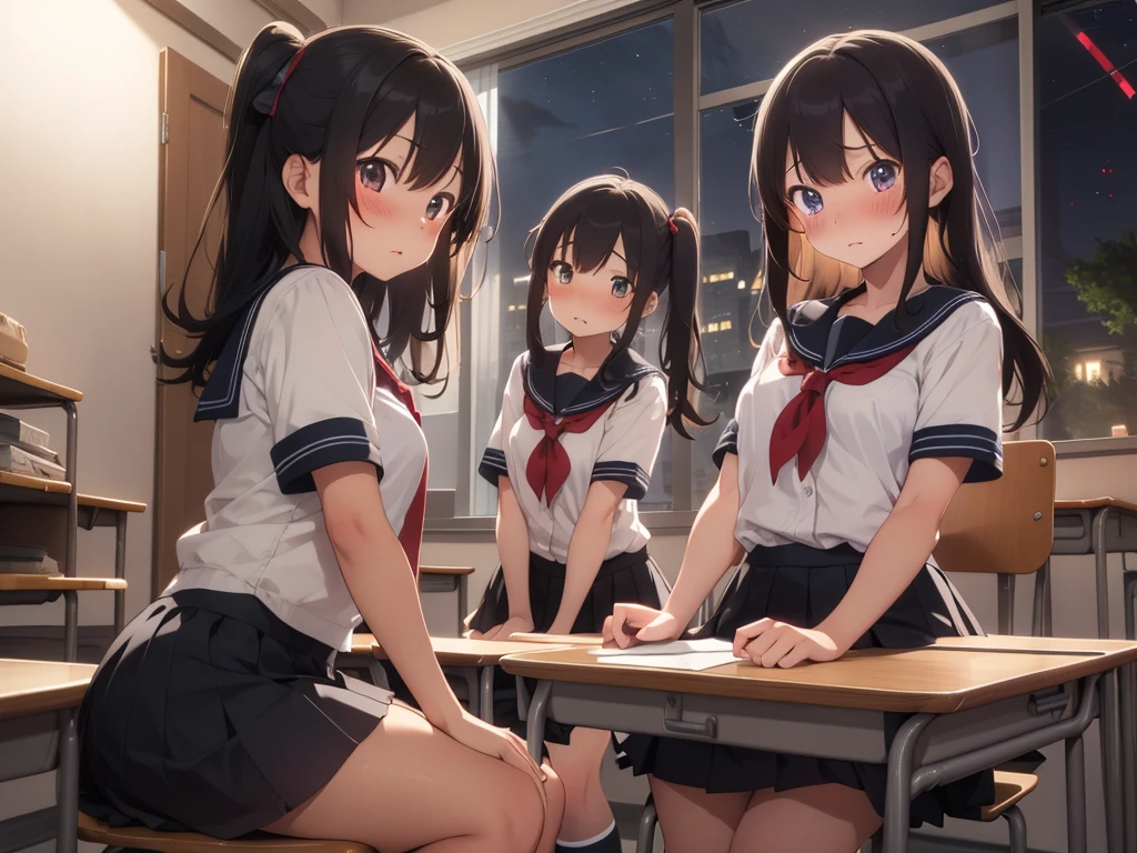 4 girls, inside a classroom, (nighttime:1.5), (((blushing, worried ...