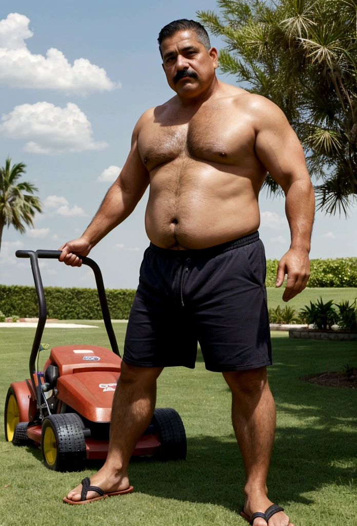 A shirtless middle-aged mexican man, hairy chest, chubby dad bod ...