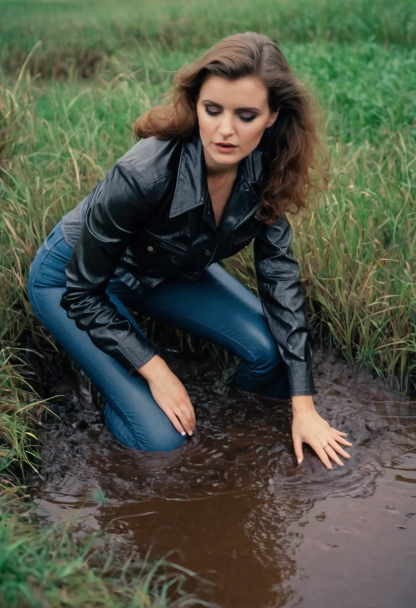 Vulnerable shy woman, high waist flared jeans, leather jacket - SeaArt AI