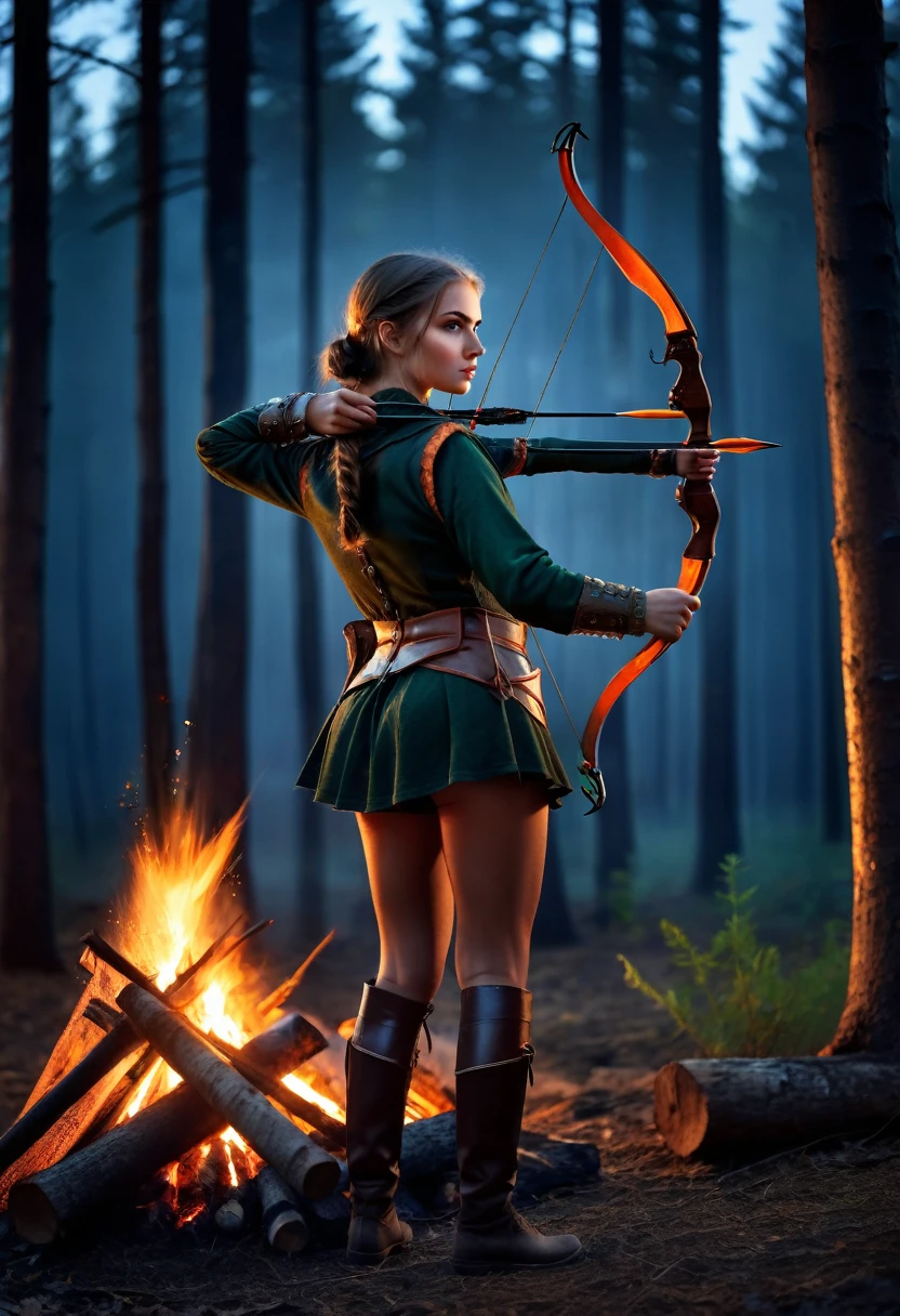 Highest quality Fantasy Young female hunter with a bow Staring at a ...