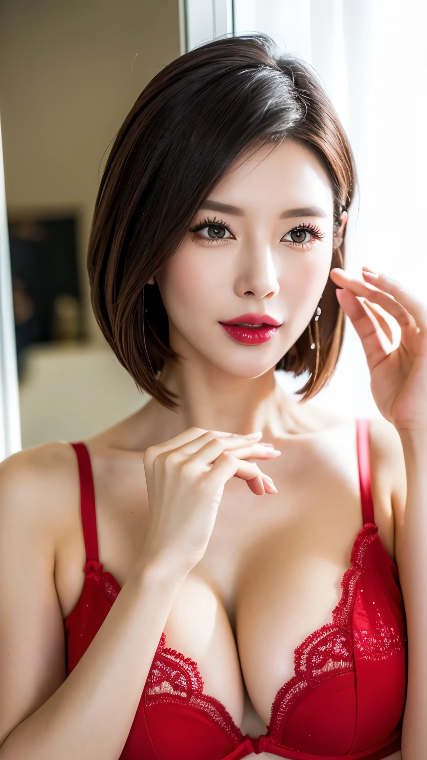 A close up of a woman in a red bra top posing for a picture - SeaArt AI
