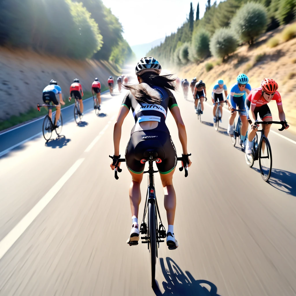 Back view of a female road cyclist racing on a road bike, black long ...