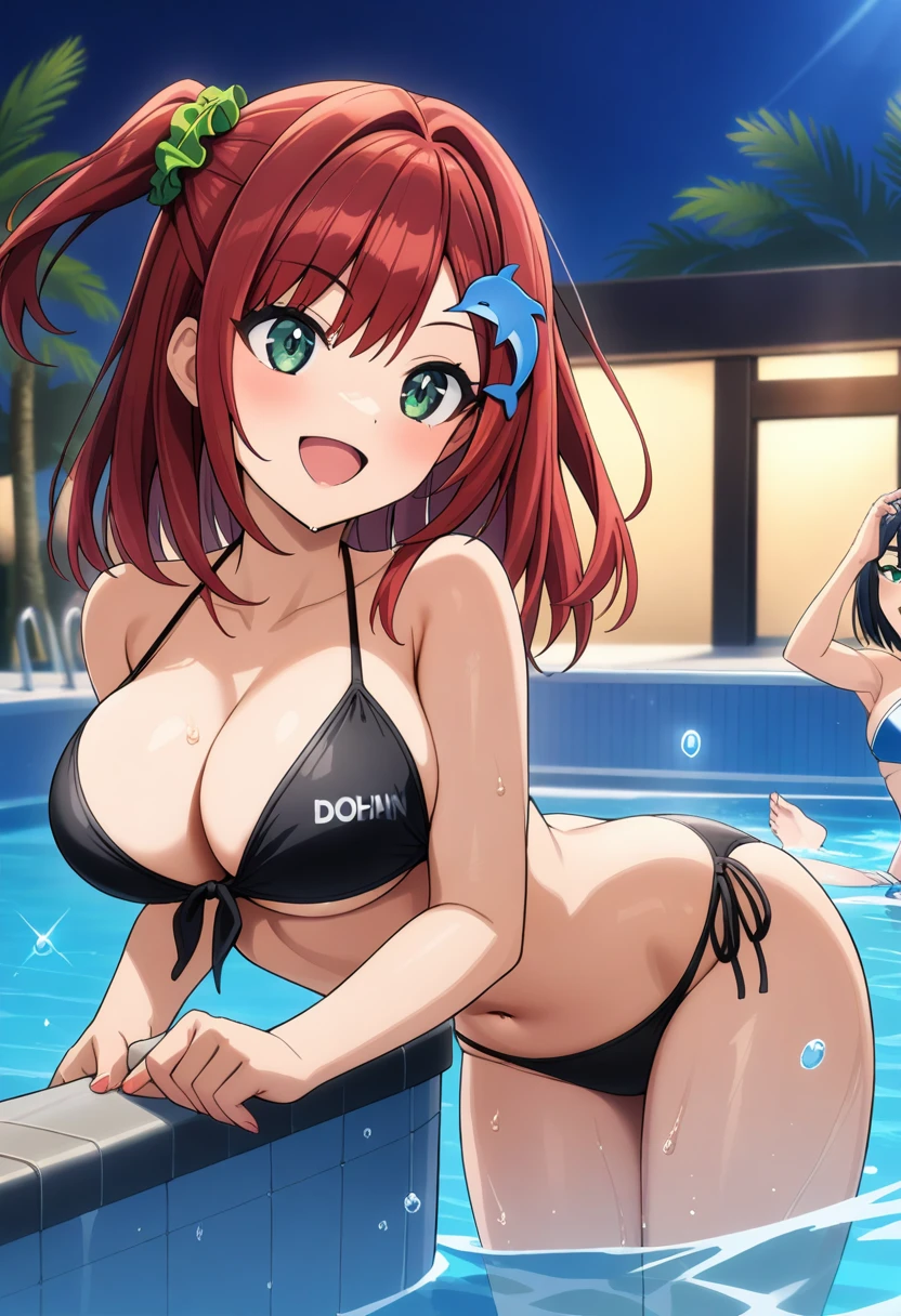 1girl, sakimiya iruka, dolphin wave, red hair, one side up, green scrunchie - SeaArt AI