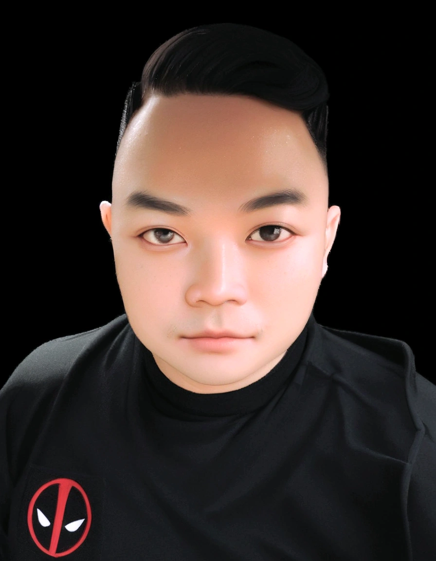 A close up of a man with a black shirt and a red and white logo - SeaArt AI