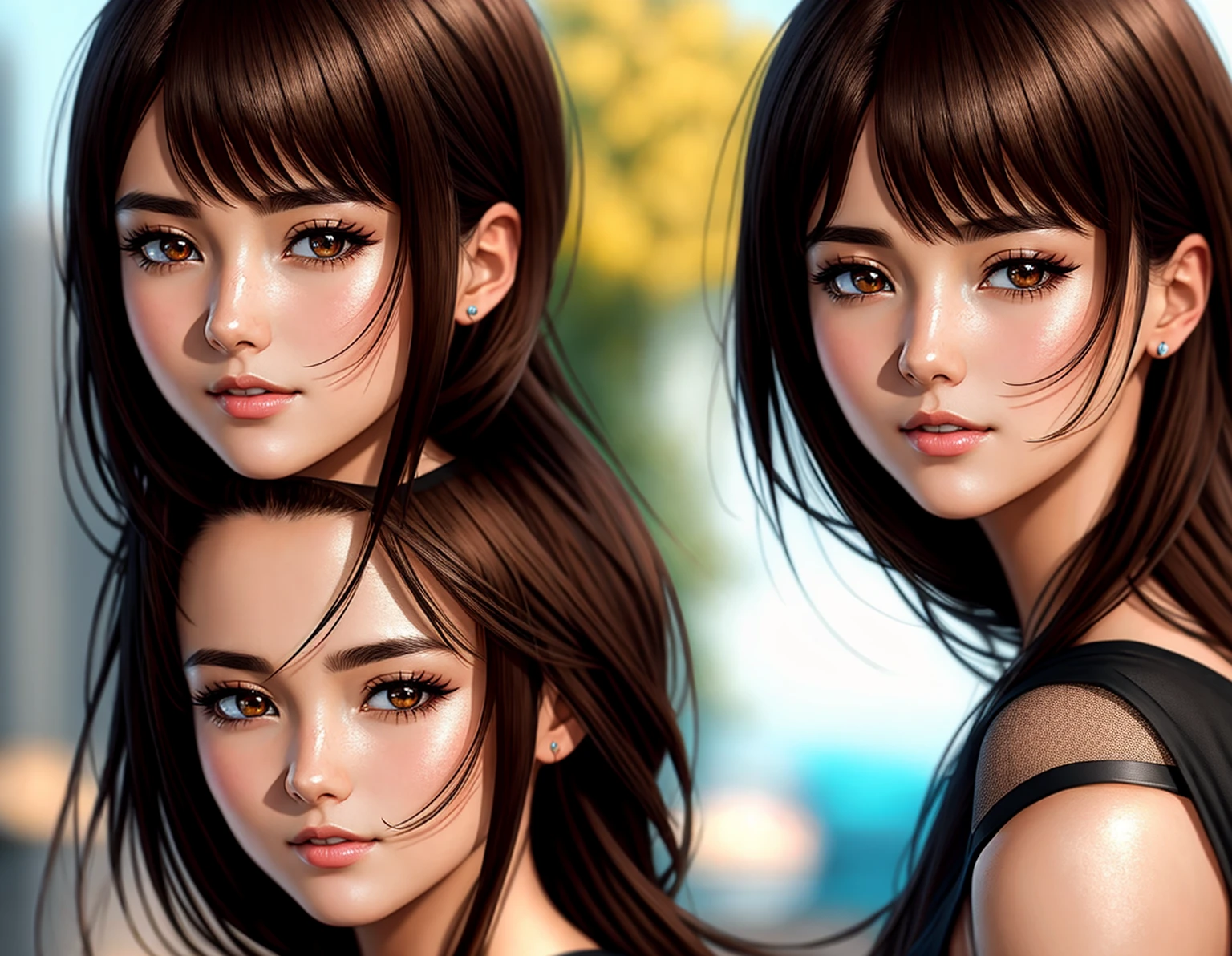 A close up of a woman with a black top and brown hair, kawaii realistic ...