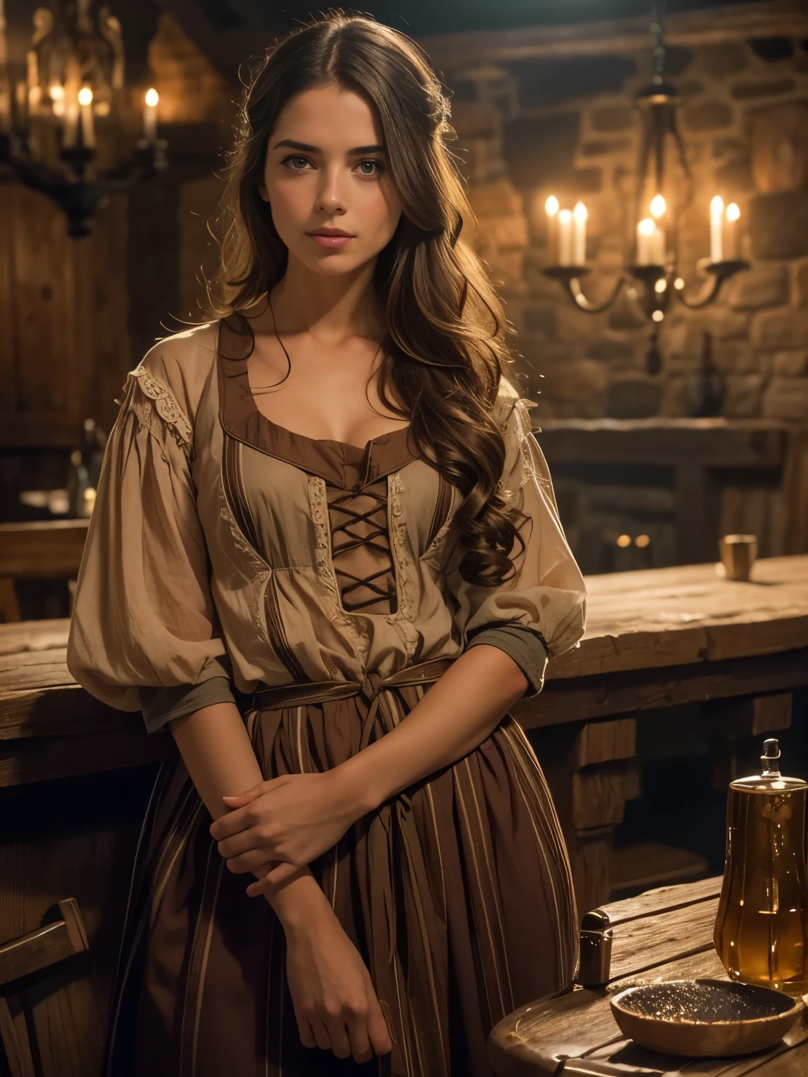 A woman in a dress standing in front of a table with a bottle of beer ...