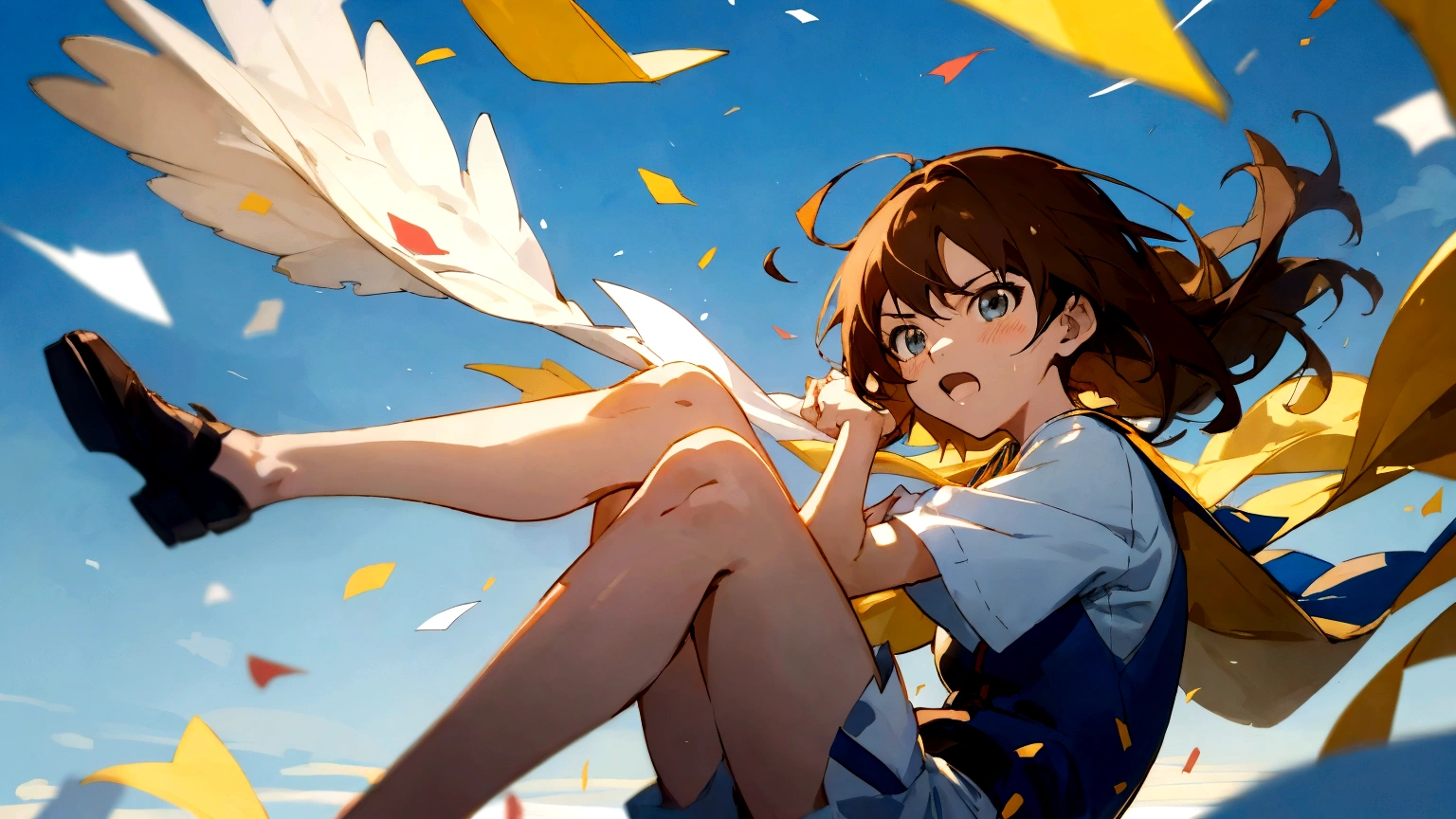 Anime girl sitting on a pile of papers with her legs up, anime moe ...