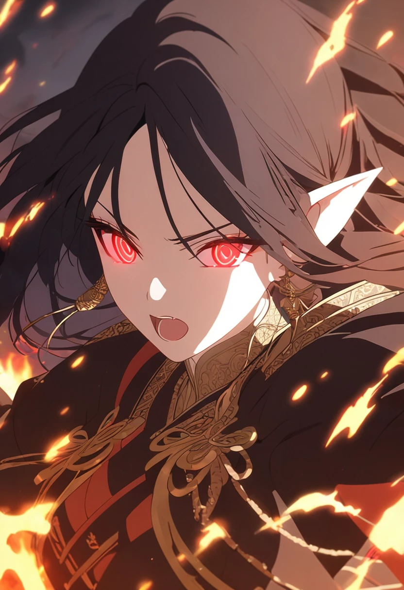 1ผู้หญิง, อย่างจริงจัง, elven, ผมดำ, บาง, ทรงผมตรง, ดวงตาสีแดงเรืองแสง ...