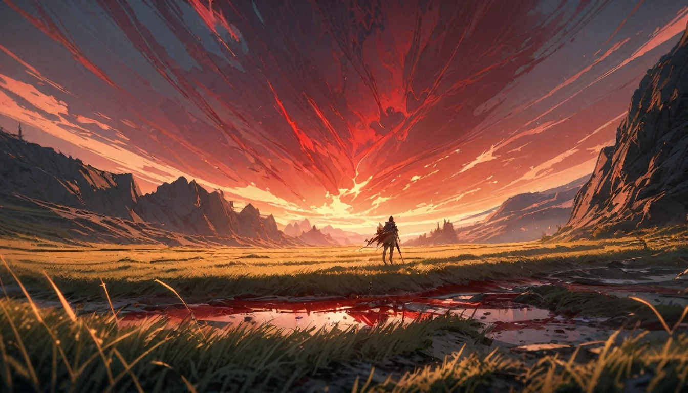 huge grass field, grass covered ib blood, dark fantasy aestetics ...