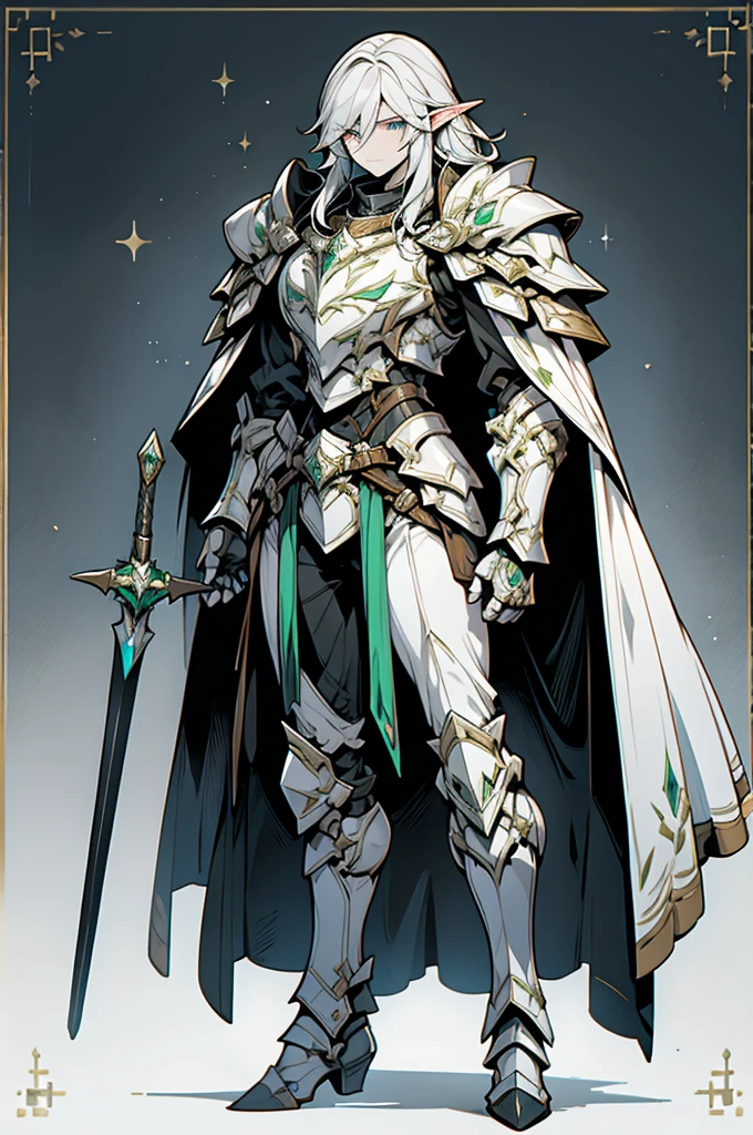 Male half elf knight, full body art, silver hair, white skin - SeaArt AI