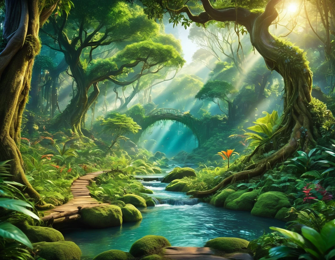 Huge forest，There is a stream flowing through, forest portal - SeaArt AI