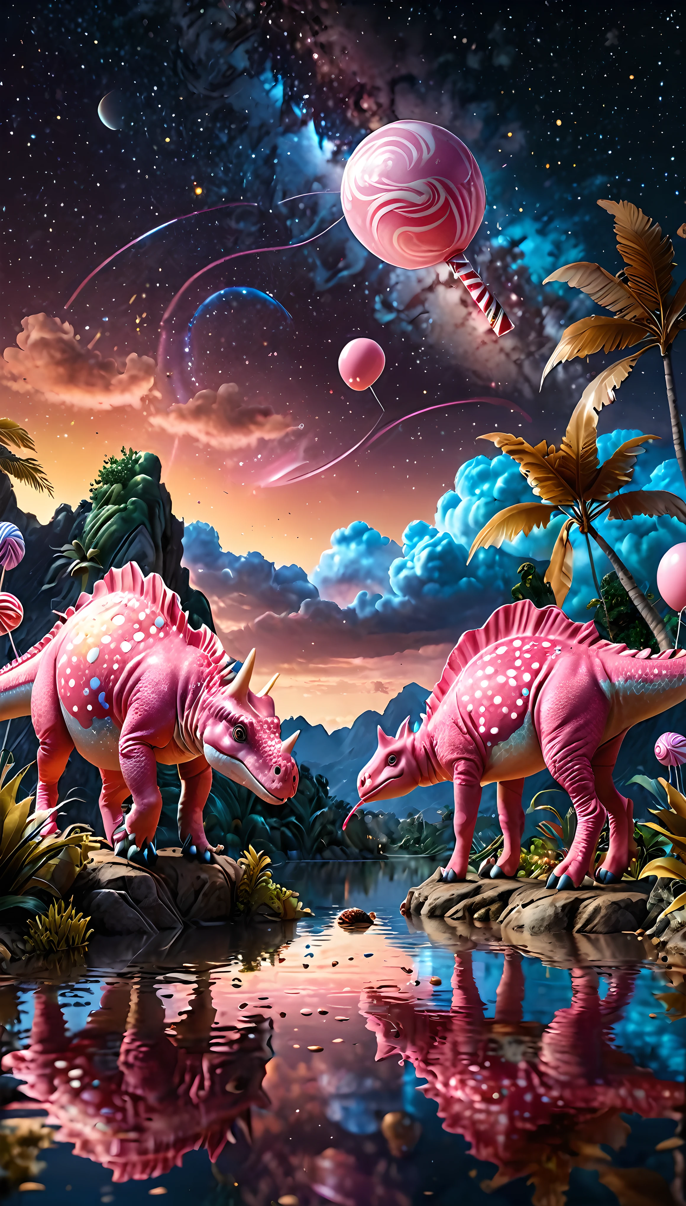 Painting of two pink dinosaurs in a tropical setting with a lake ...