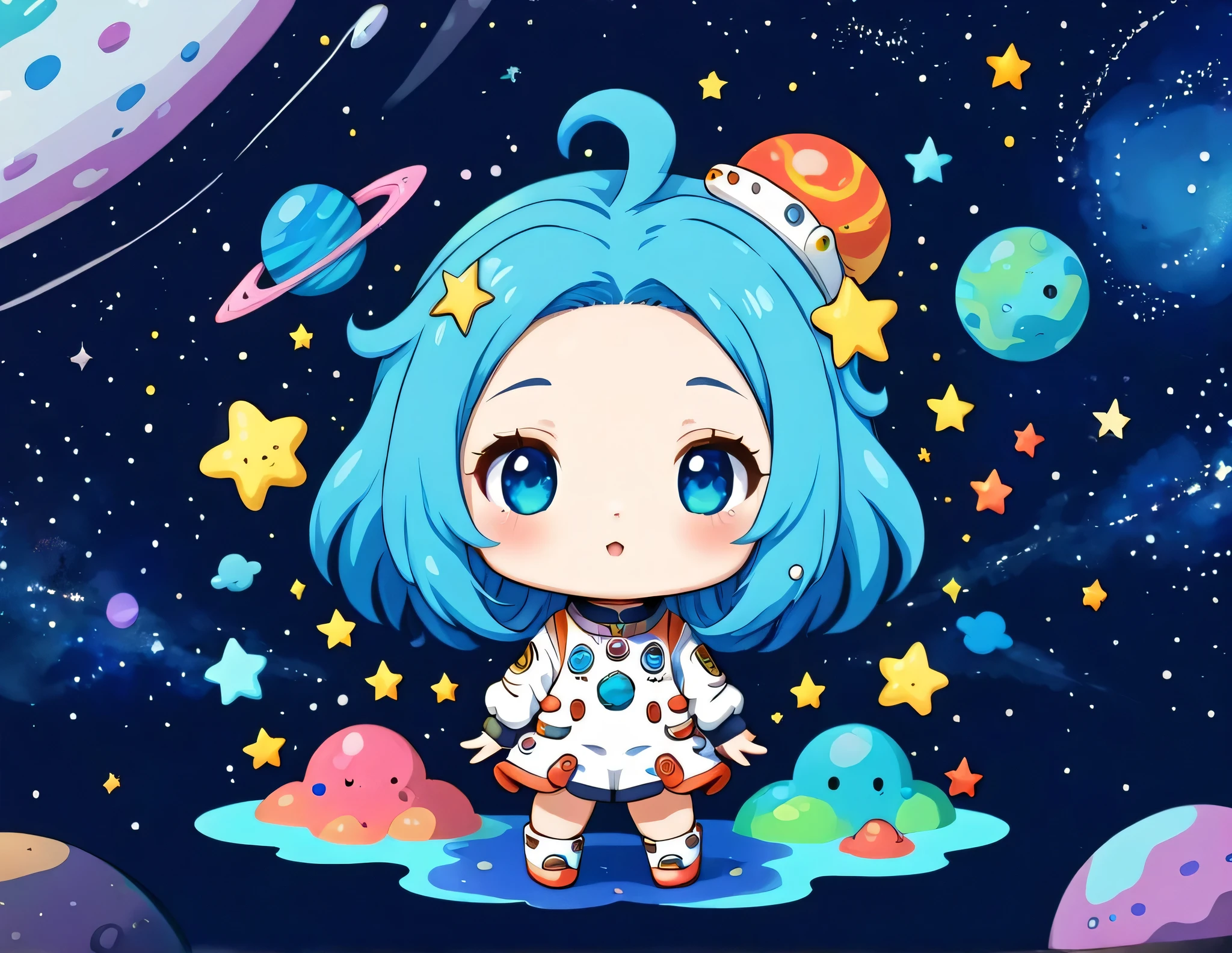 A cartoon girl with blue hair and a space suit standing in front of ...