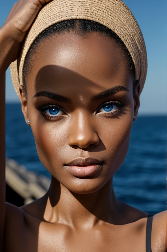 Shining black model woman hairless dark blue sky blue eyes in selfie ...