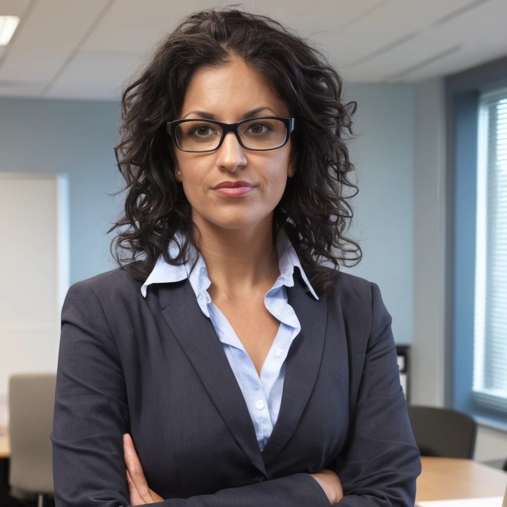 Mature glasses Lou charmelle standing in office - SeaArt AI