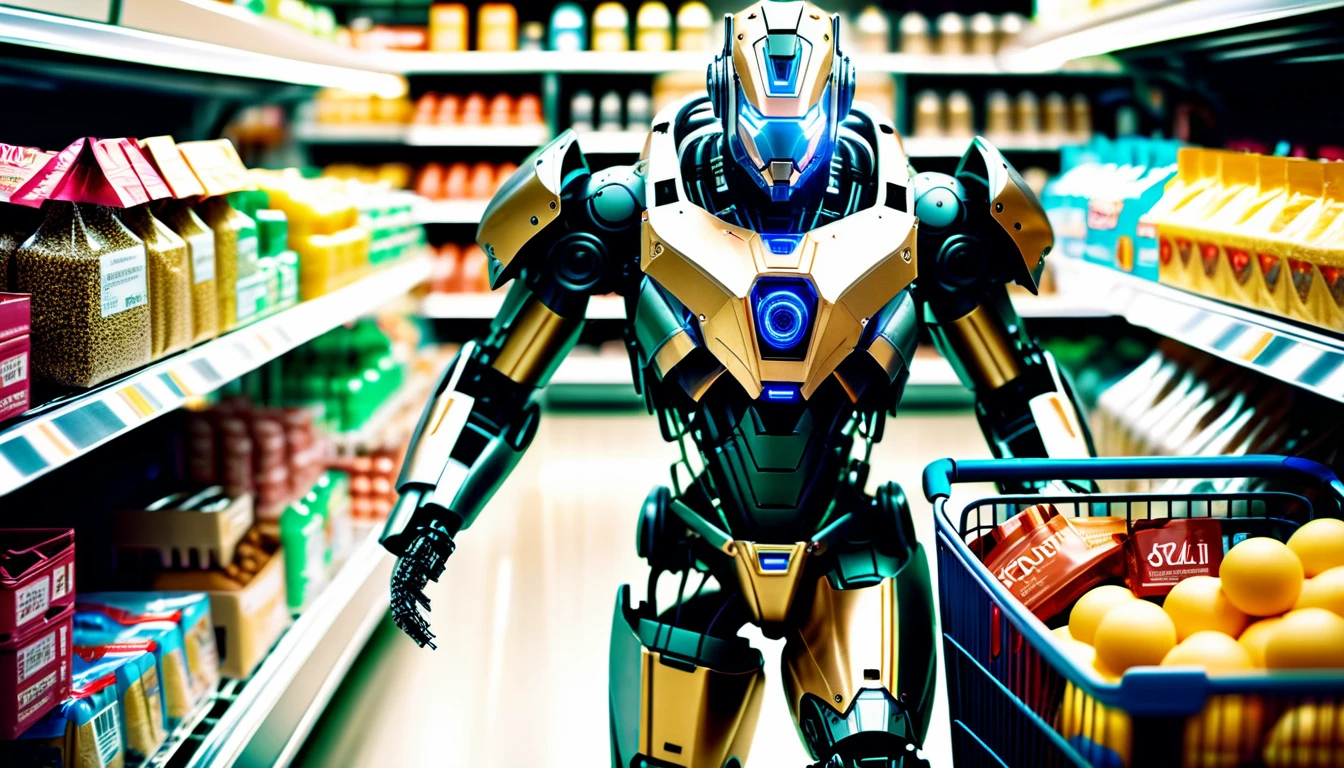 High angle camera view from above, Full body shot of a humanoid cyborg ...