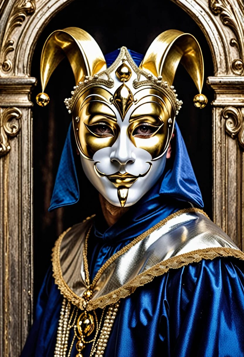 Jester looking straight ahead with a gold and silver Venetian mask with ...