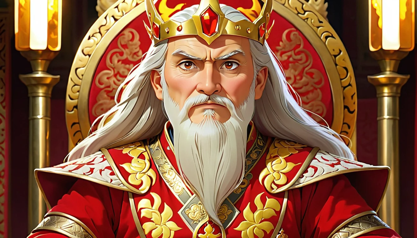 Two people, (an old emperor named John, tall, square face, long silver ...