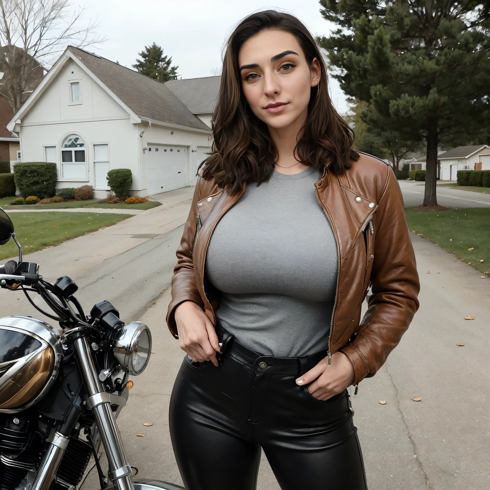 Woman in leather jacket standing next to motorcycle on sidewalk in ...