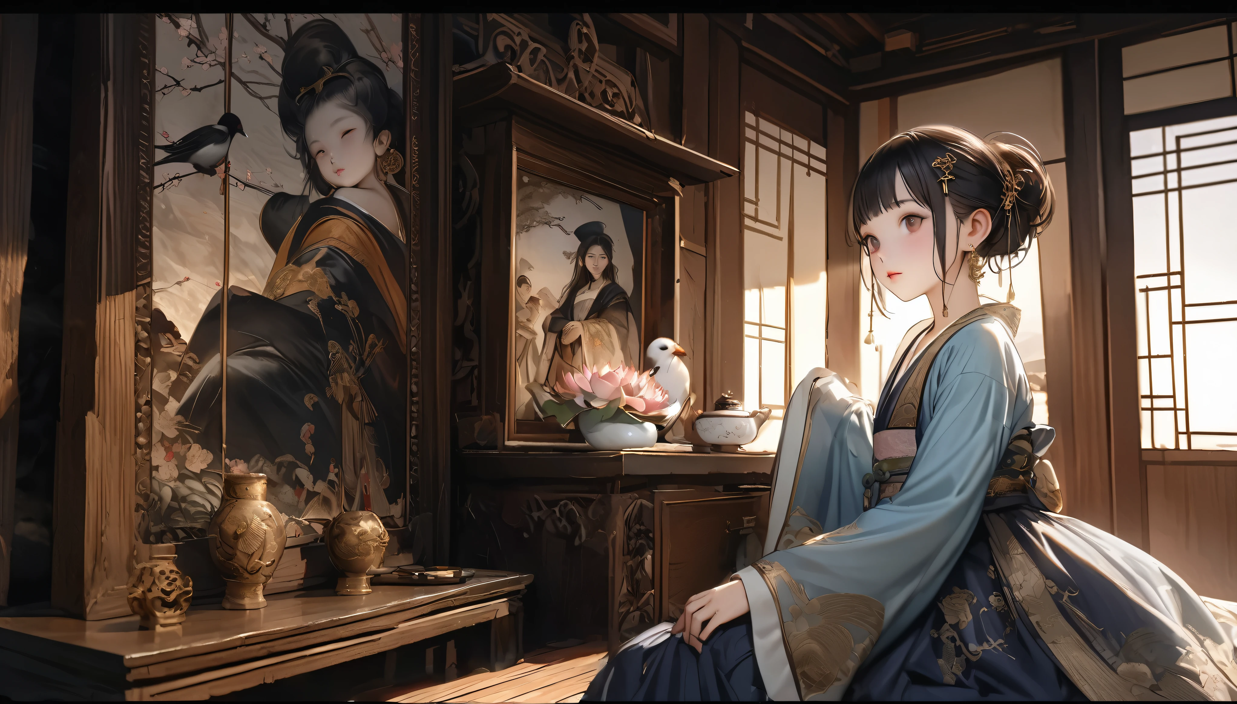 There is a woman sitting in a room with a painting on the wall - SeaArt AI