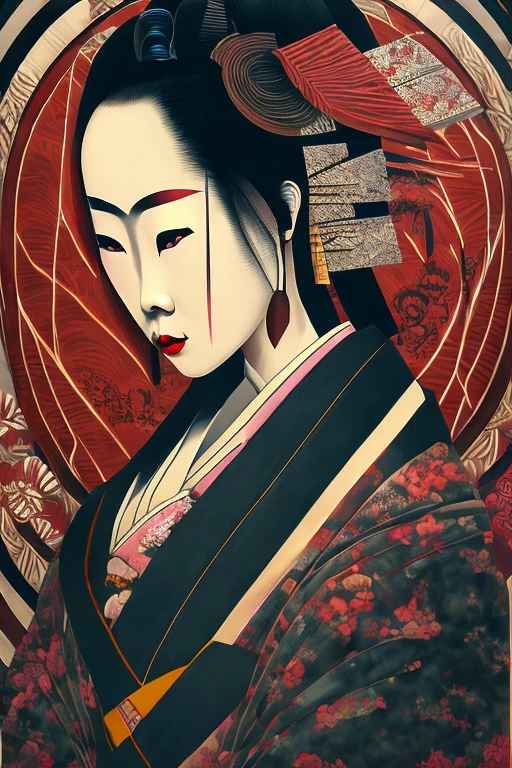 A traditional portrait of a geisha, masterfully painted in the style of ...