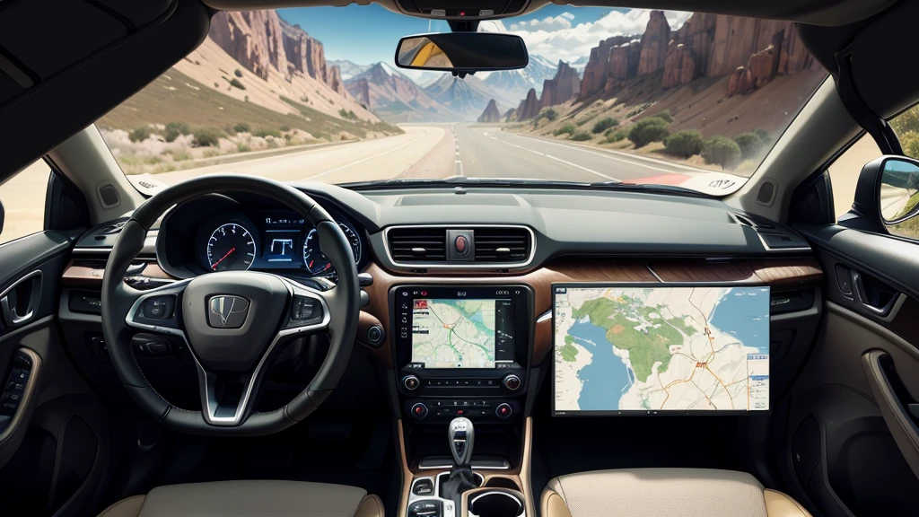 "Generate an image of a satellite navigation map displayed on a car ...