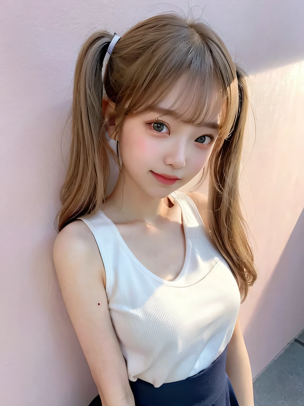 A close up of a person wearing a white top and blue skirt - SeaArt AI