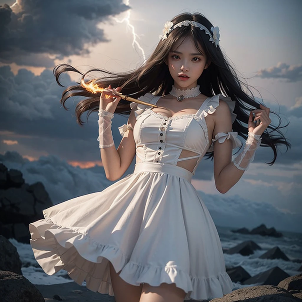 On the battlefield of the storm, A woman dressed in a Lolita costume ...