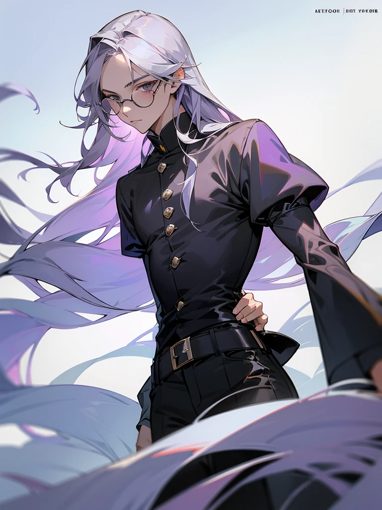 A slim 19-year-old boy with long lavender hair, silver-gray eyes and ...