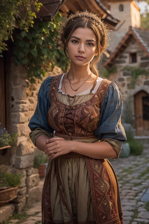 Hyper photorealistic, cute peasant woman, in small European village ...